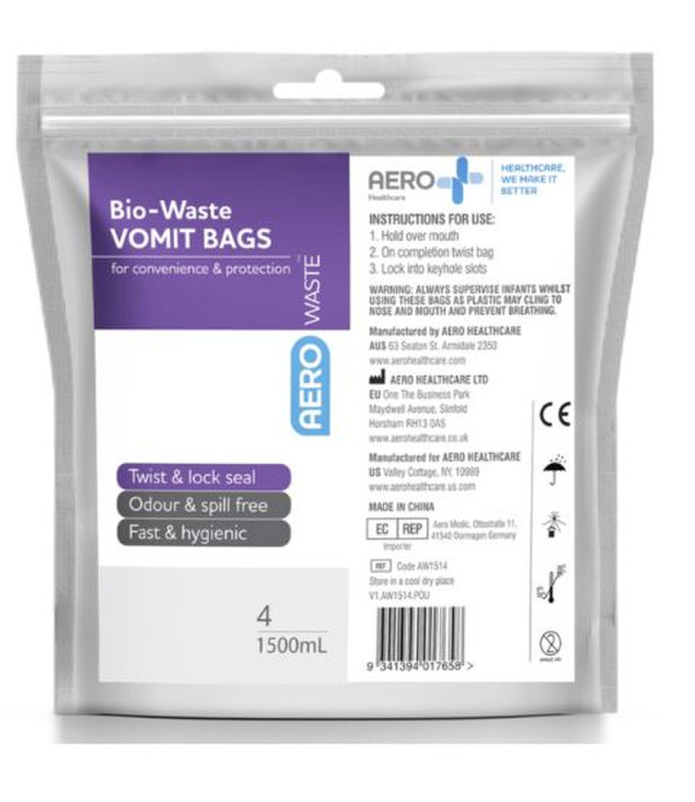 AEROWASTE Bio-Waste Vomit Bag 1500ml (AW1510) (pk4)